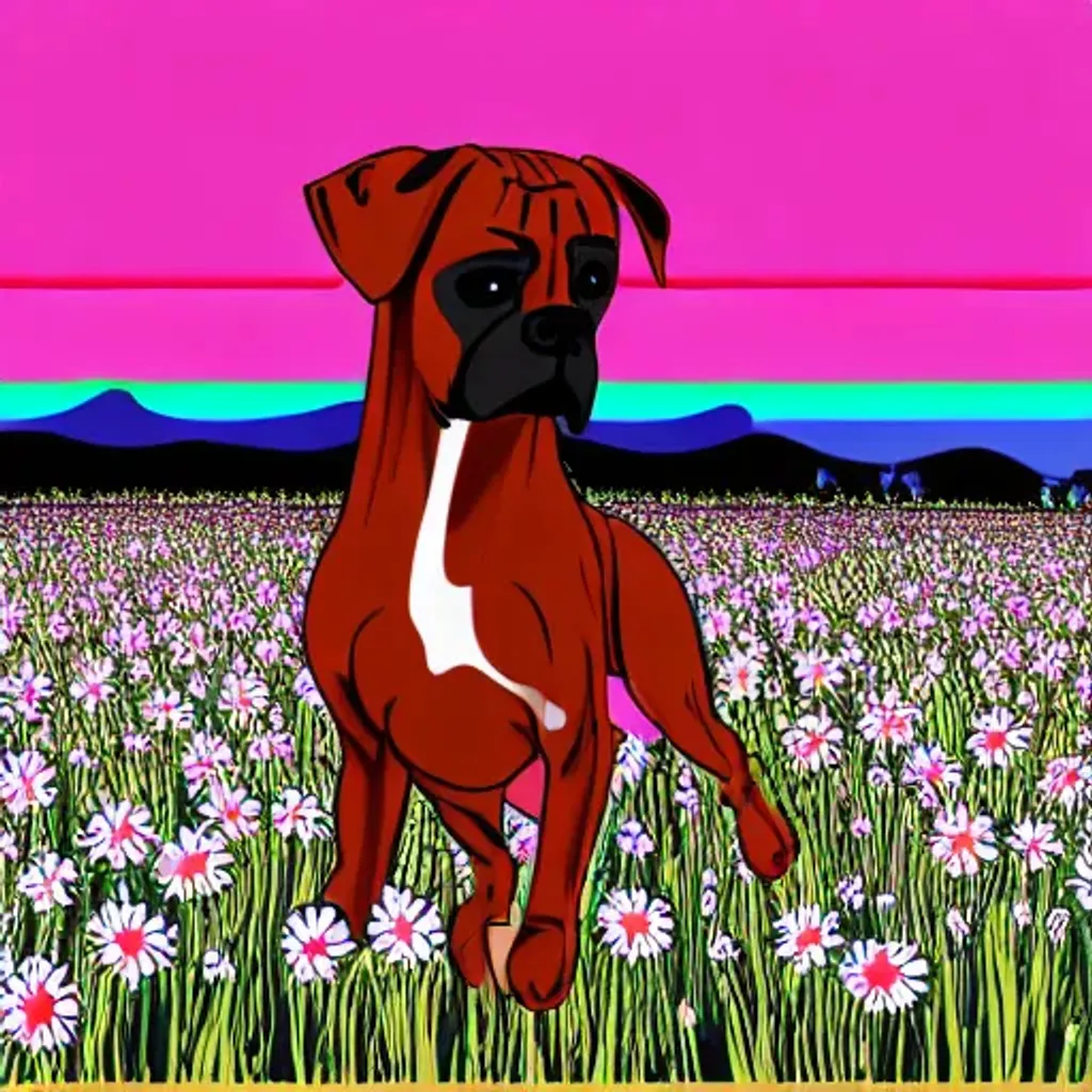 a boxer breed of dog prancing through a field of dai... | OpenArt