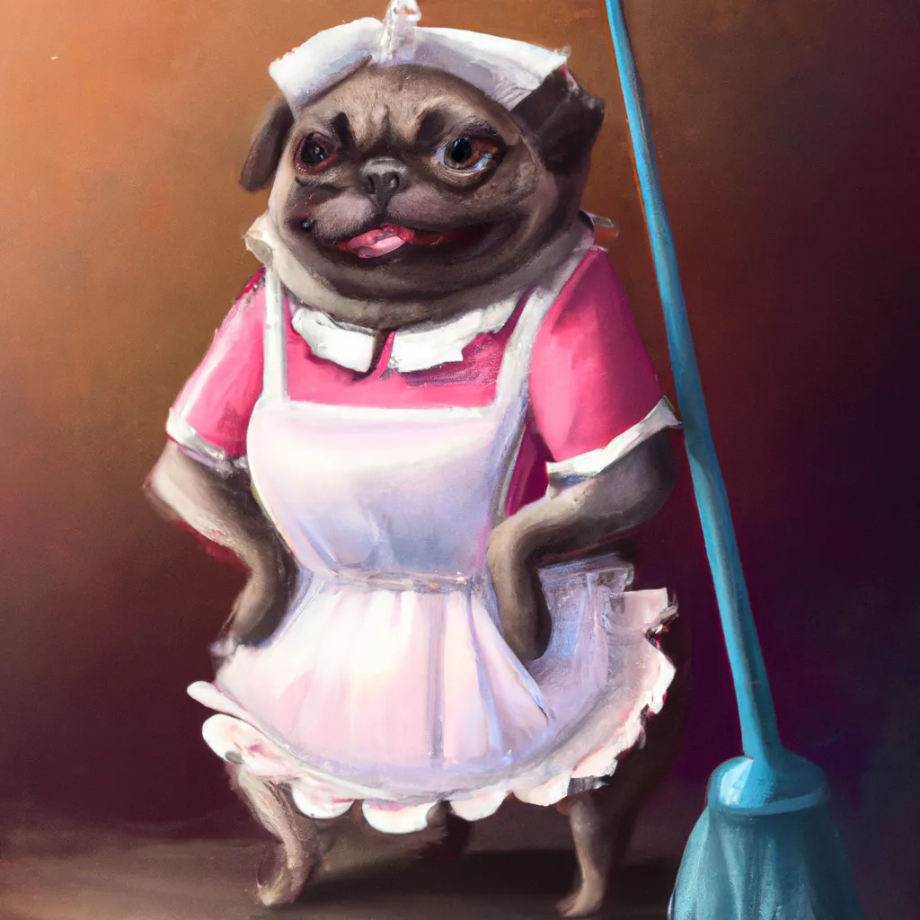 A beautiful painting of a pug dressed as a cleaning... | OpenArt