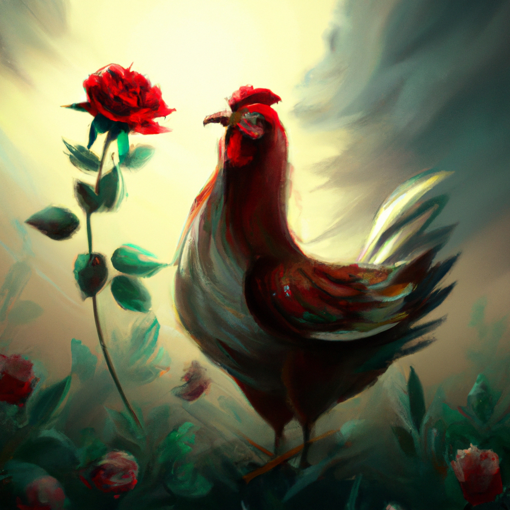 A hen holding a red rose, artstationHQ, freedom | OpenArt
