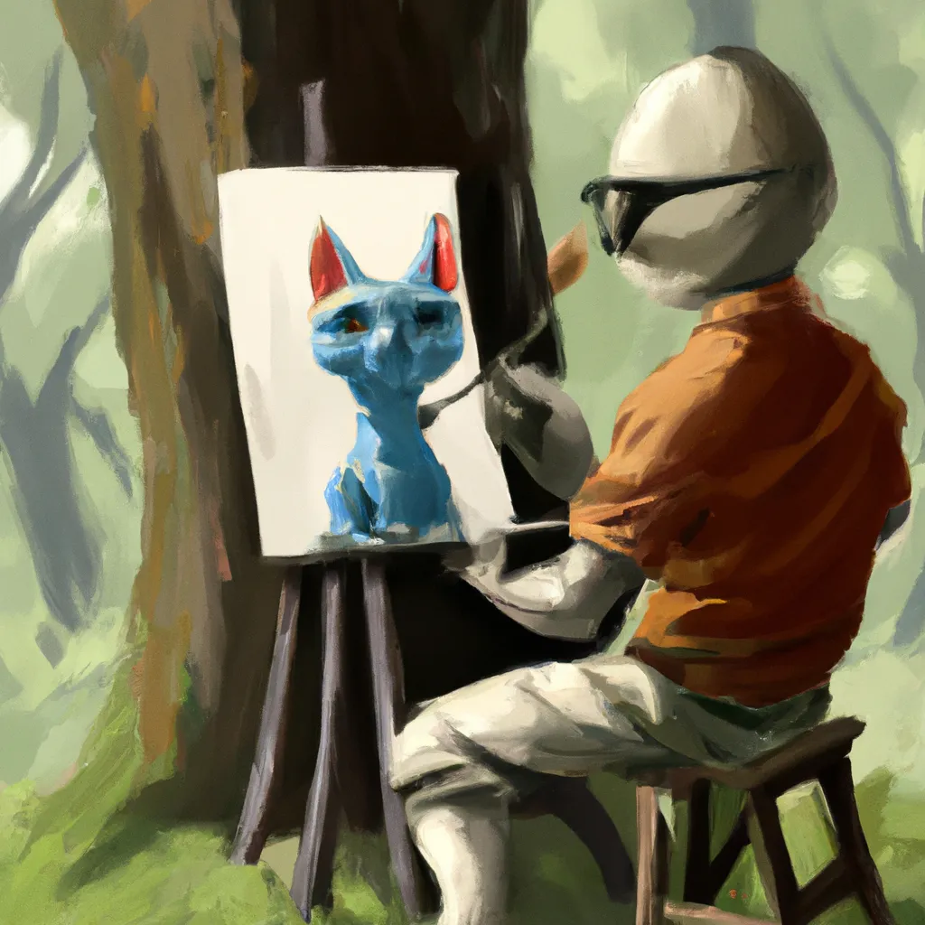 A humanoid cat painting a human in a park, digital art | OpenArt