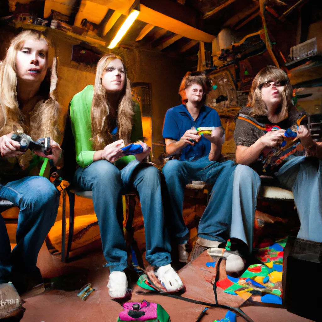 Teenagers in the 90s playing video games in a basement | OpenArt