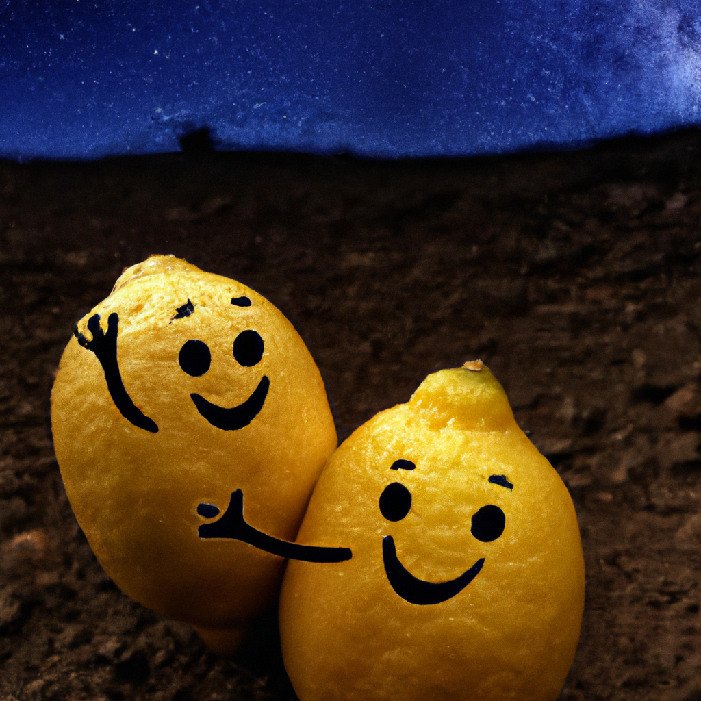 2 little cute lemons hugging each other, on the plan... | OpenArt