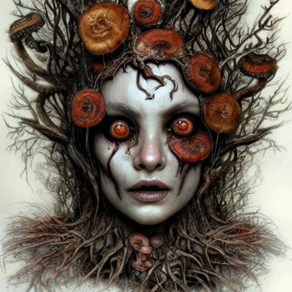 Evil hippie mycelium mushrooms person portrait | OpenArt