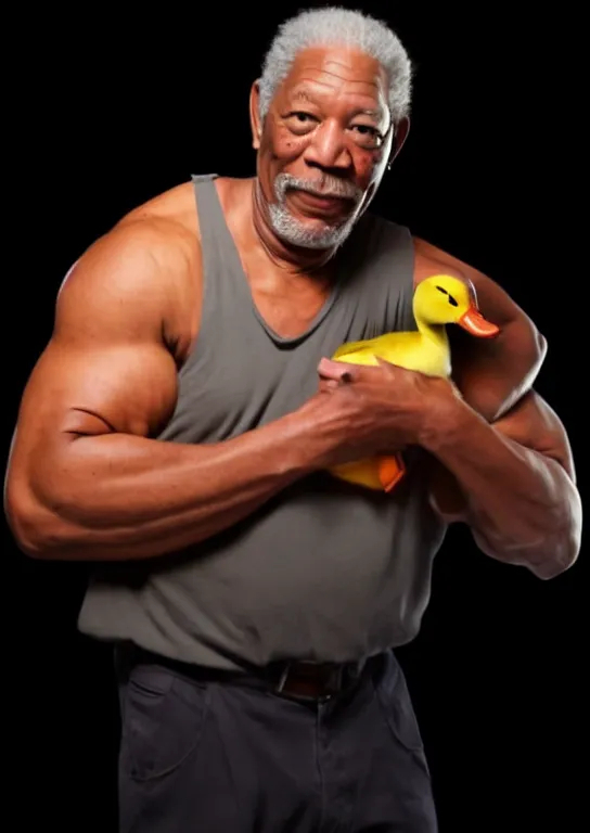 Morgan Freeman holding a duck, yolked, muscle, 4K, 8...