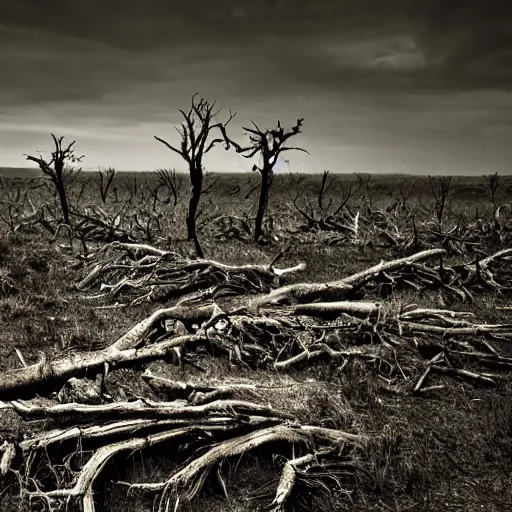 Dark Gloomy Scenic field plains with dead trees in a... | OpenArt