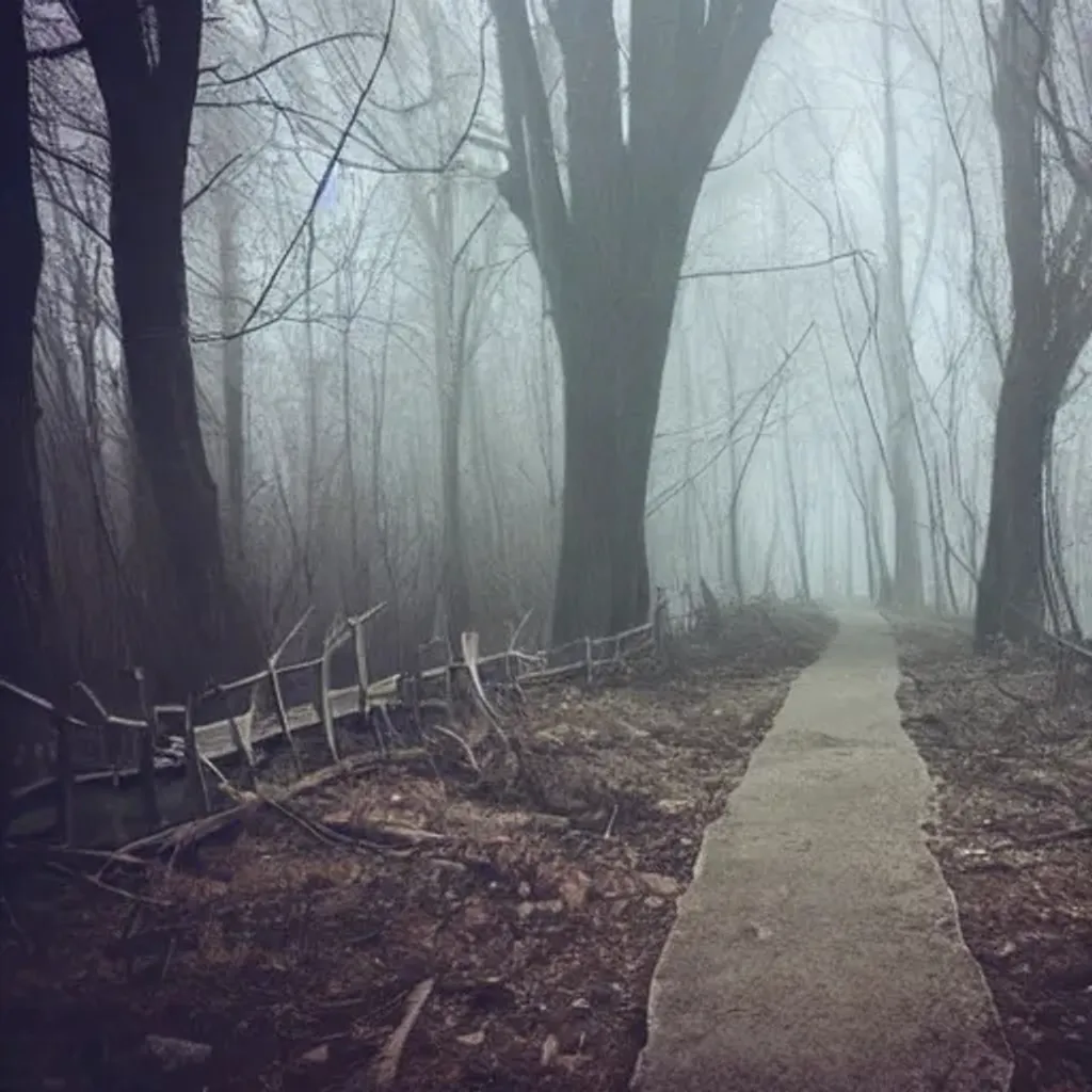 stone path through forest, dead trees, broken fence,... | OpenArt