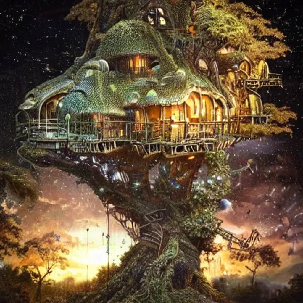 a cute hyperdetailed realistic "treehouse" made of w...
