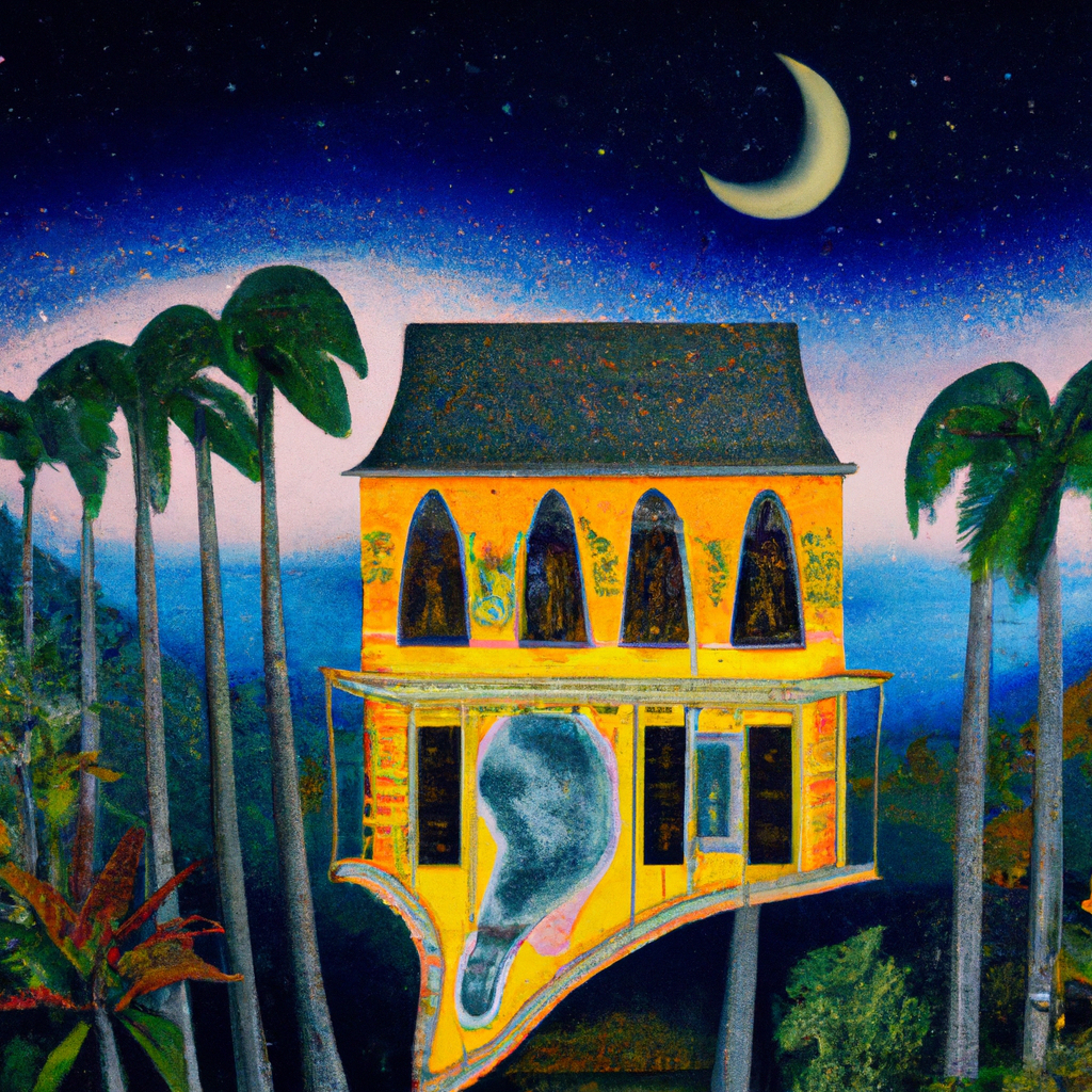 1800s painting of a house in tropical forrest at nig... | OpenArt