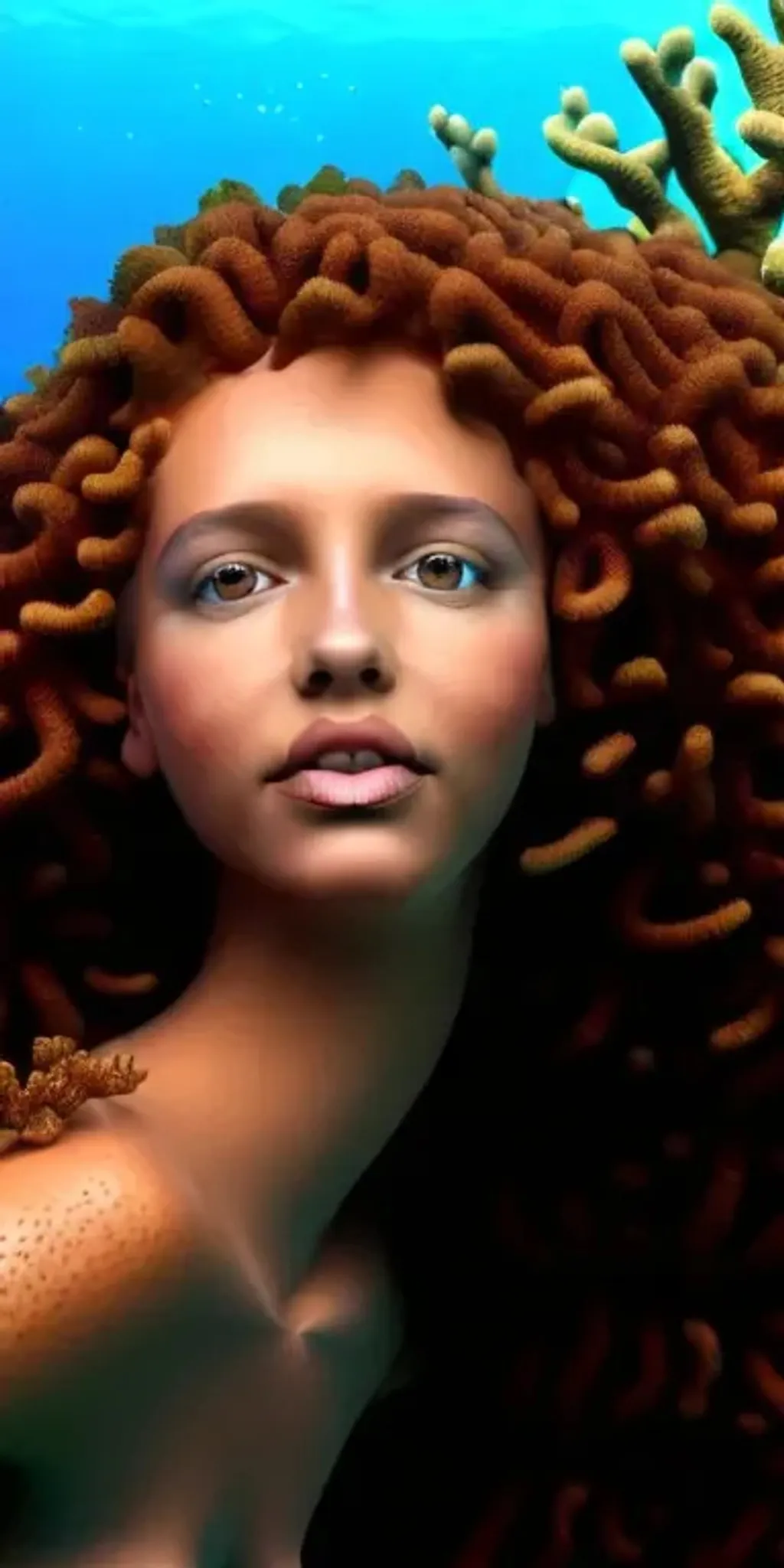 Brown Mermaid with curly hair and gills in a coral r... | OpenArt