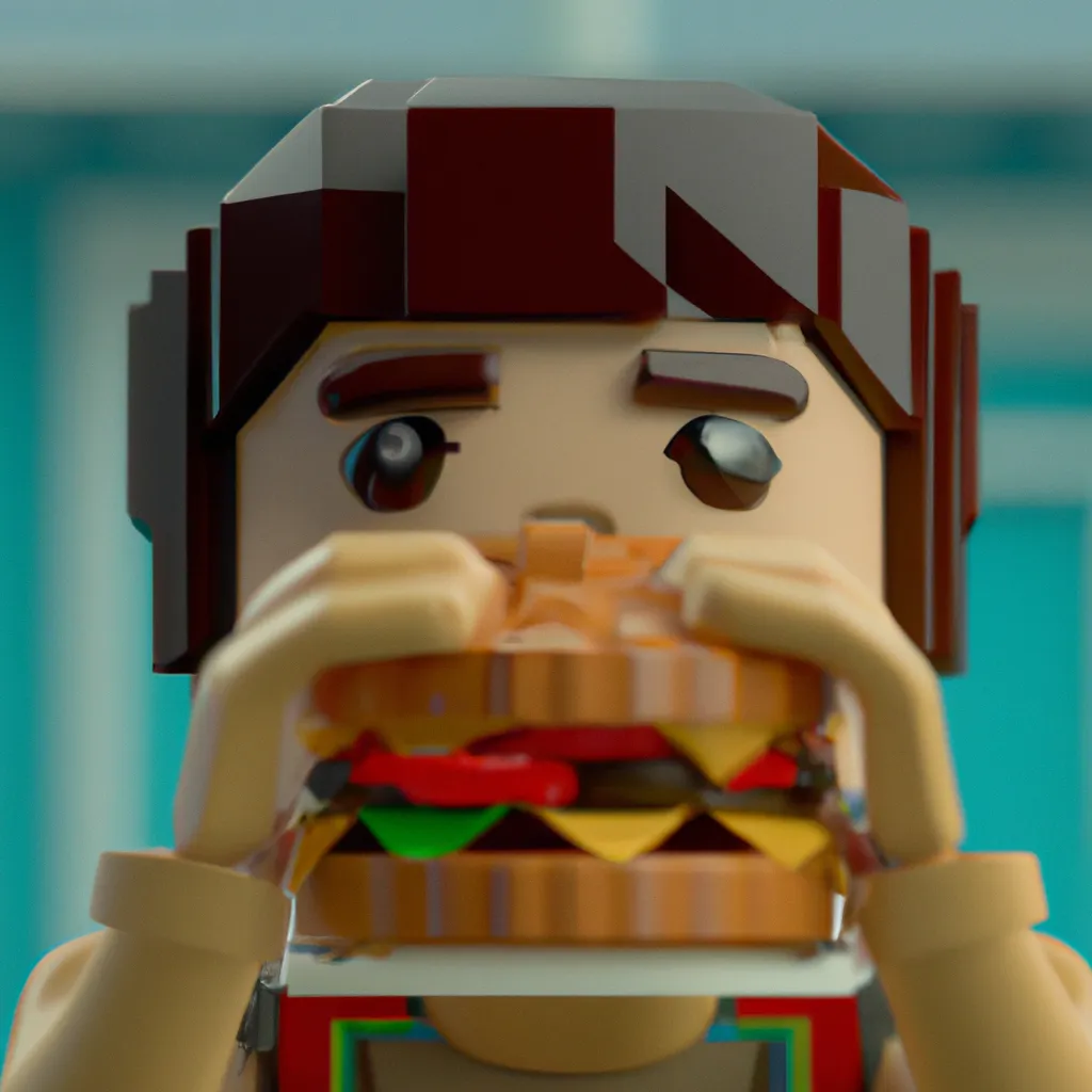 A Lego person eating a hamburger by Greg Rutkowski,... | OpenArt