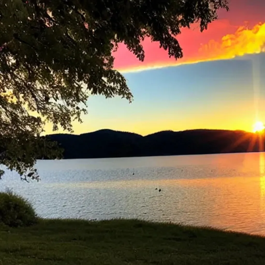 a lake at sunset, a pink and orange sunset above a lake