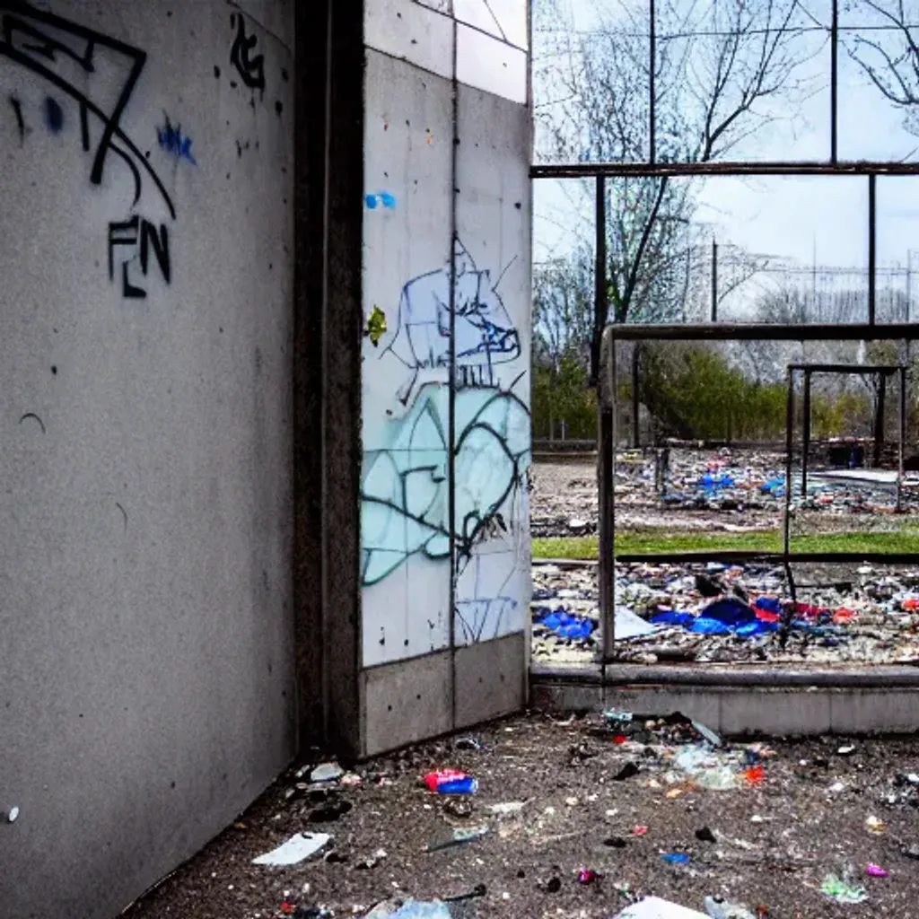 abandoned playground, broken glass, graffiti on wall... | OpenArt