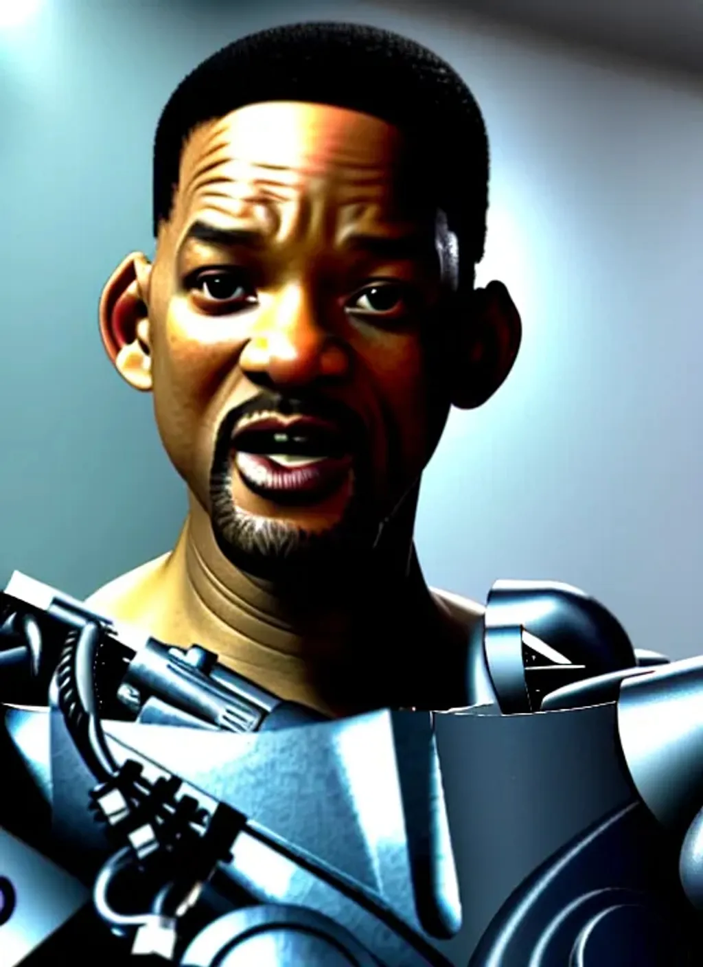 Movie screenshot of Will Smith as a cyborg, 2010s | OpenArt