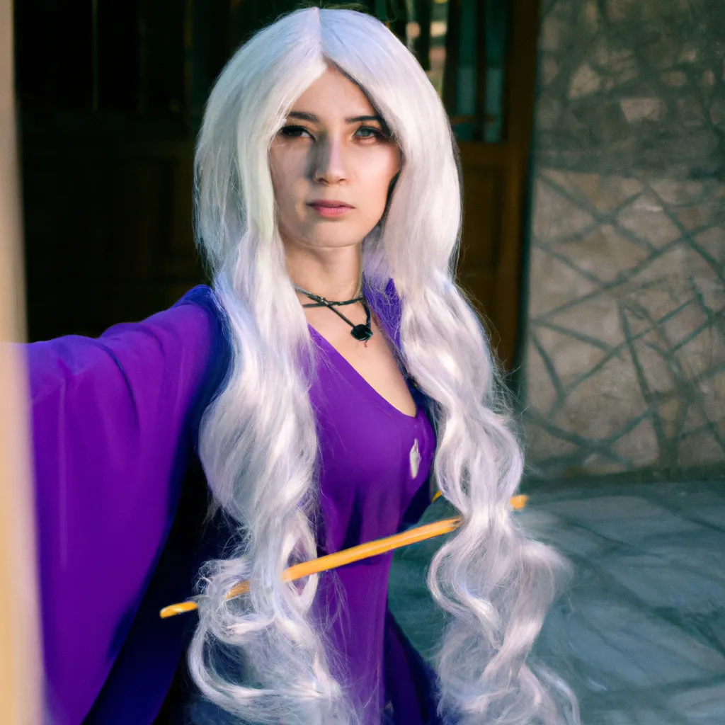 A witch with long purple dress, white hair, neotenic... | OpenArt