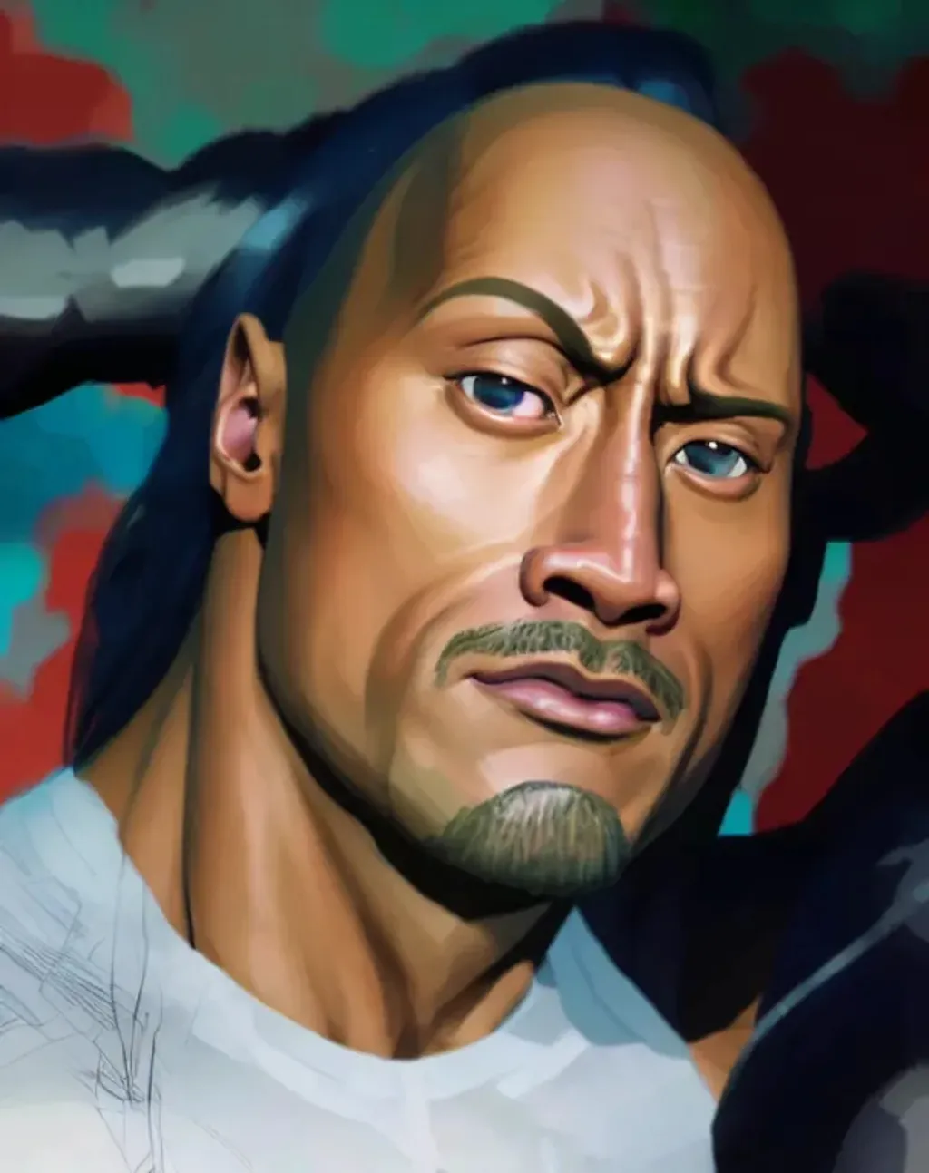 Closeup face portrait of a {Dwayne Johnson with one...