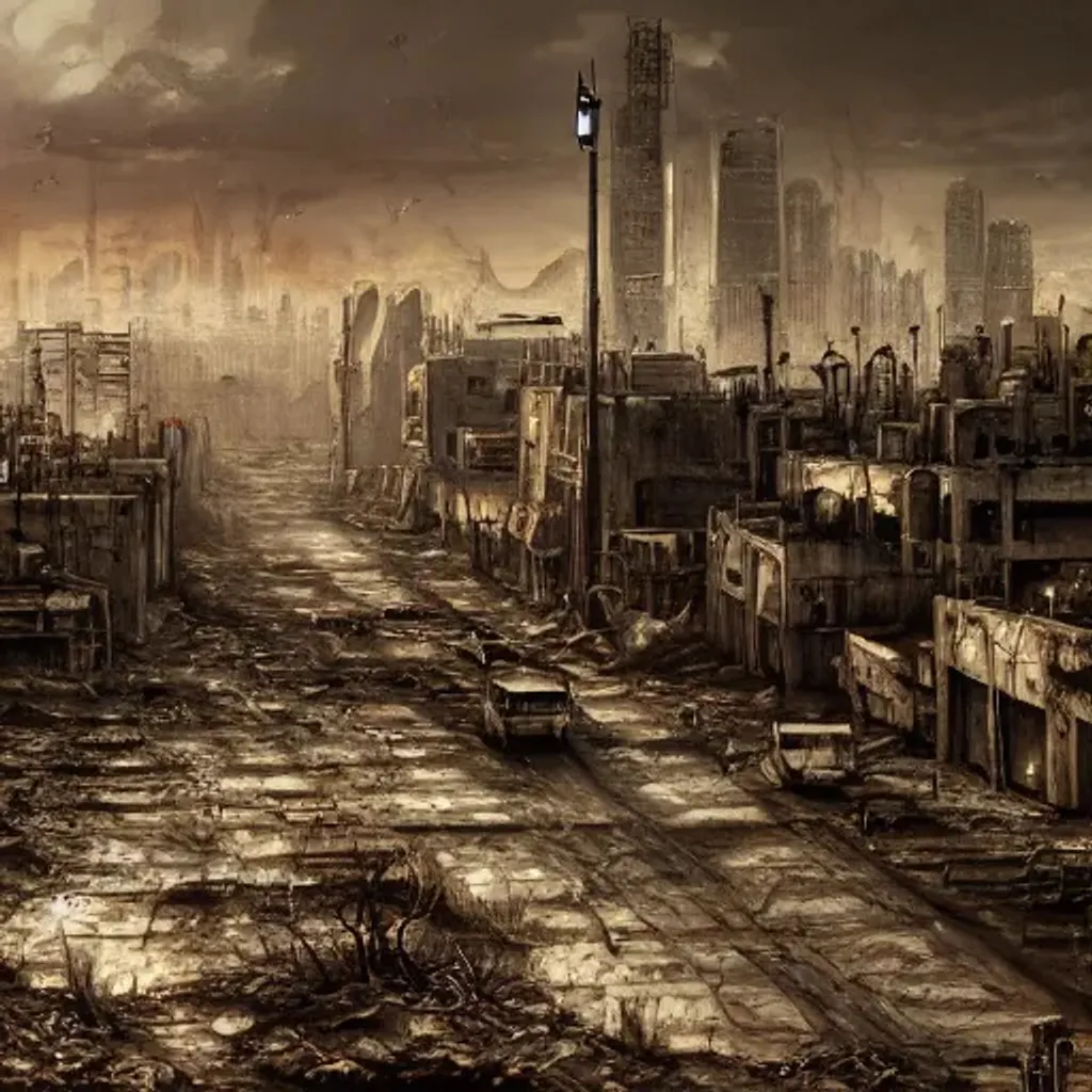 painting of wasteland, grim depressing, Modern city,...