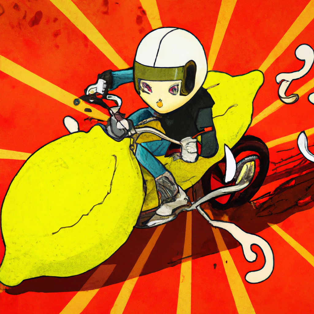 Lemon character doing the Akira slide on a red cyber... | OpenArt