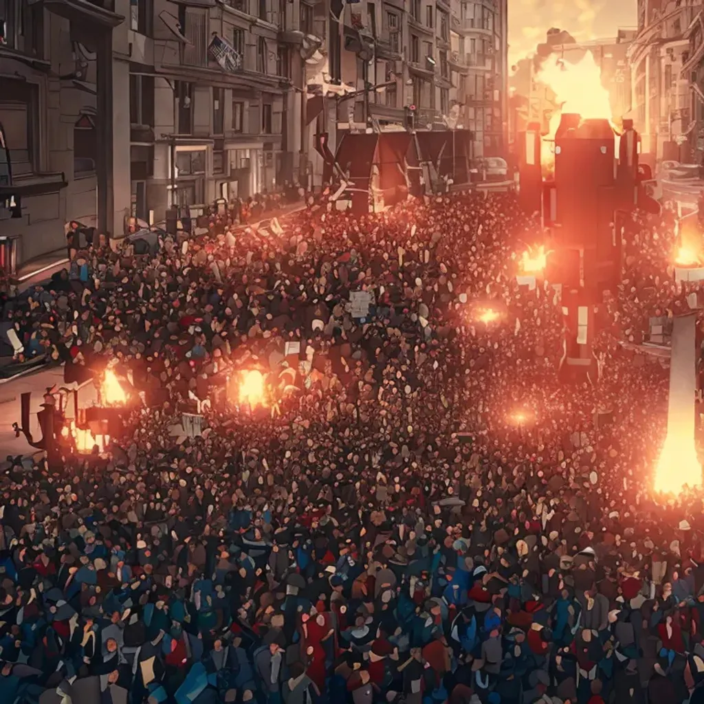 crowd of working citizens protests while missles and... | OpenArt