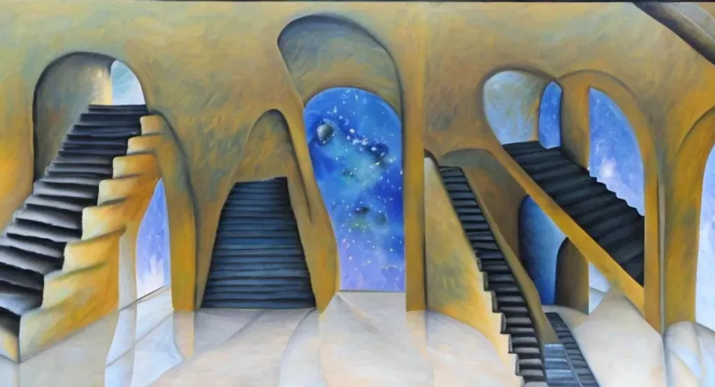 oil painting of stairs to heaven, surreal, cinematic... | OpenArt