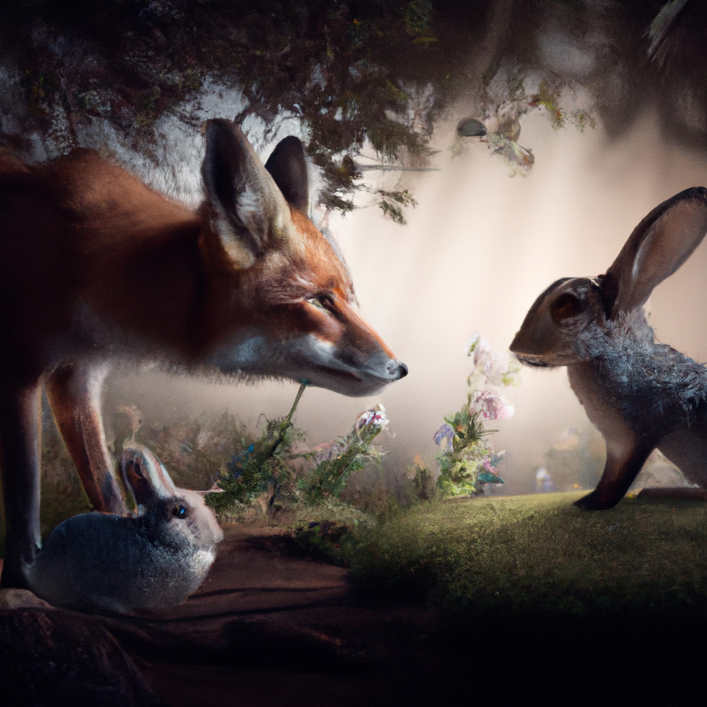 bunny and fox encounter staring at eachother, drama... | OpenArt