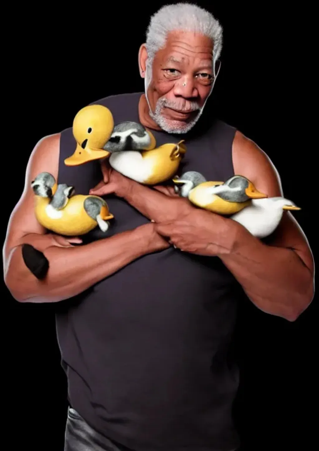 Morgan Freeman holding multiple ducks, yolked, muscl... | OpenArt