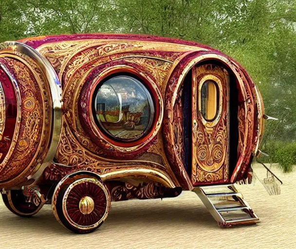a futuristic neo - gypsy caravan, decorated polished...