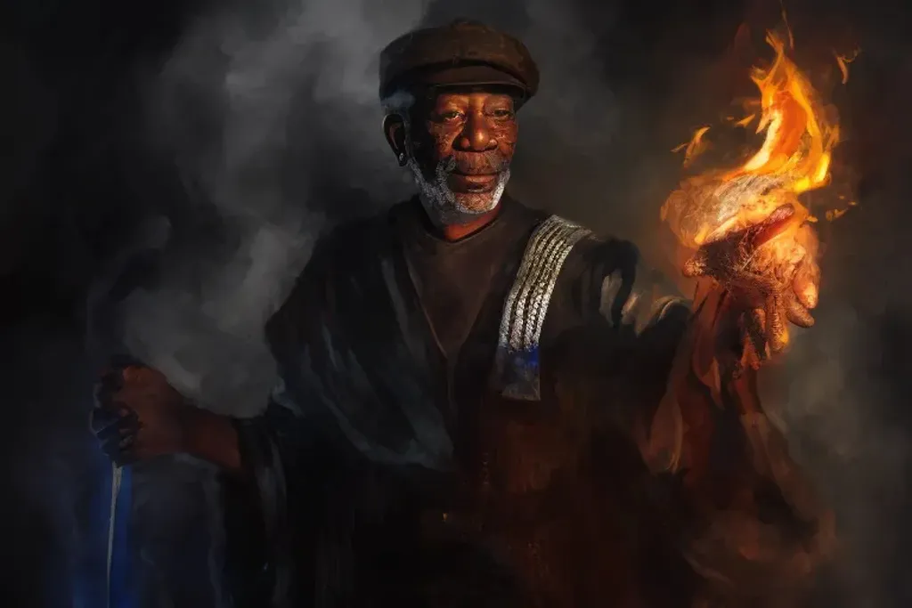 Morgan Freeman as a pyromancer, Mage, Sorcerer, 4K,... | OpenArt
