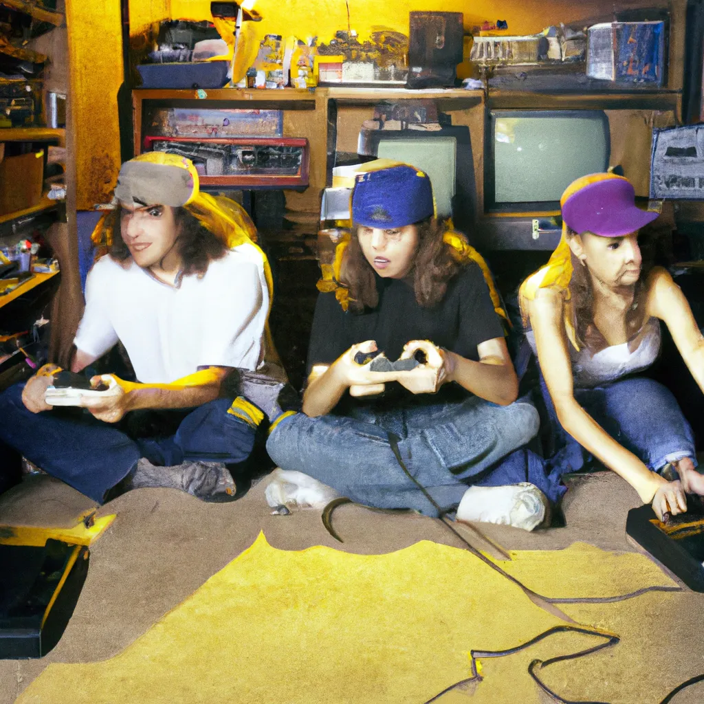 Teenagers in the 90s playing video games in a basement | OpenArt