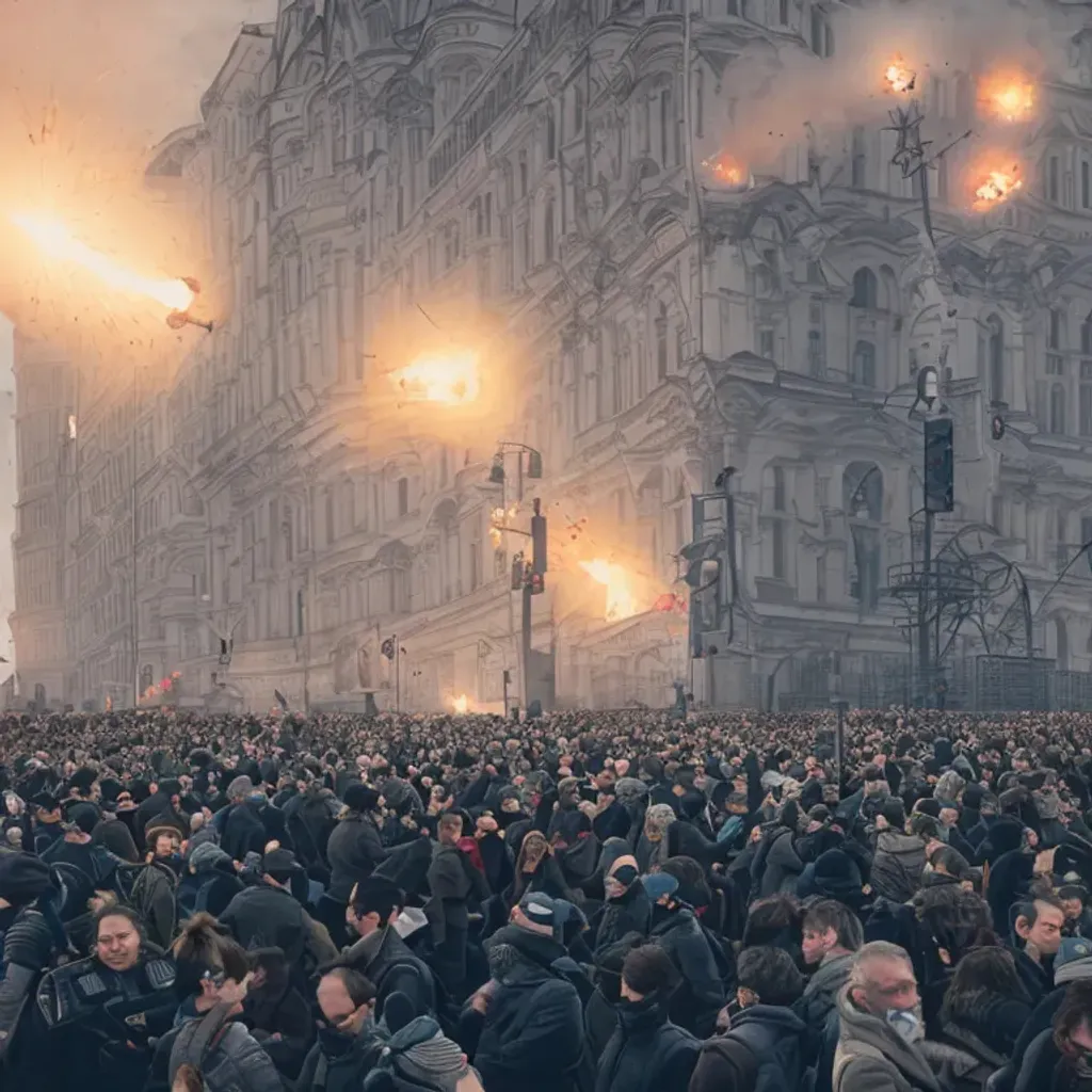 crowd of working citizens protests while missles and... | OpenArt