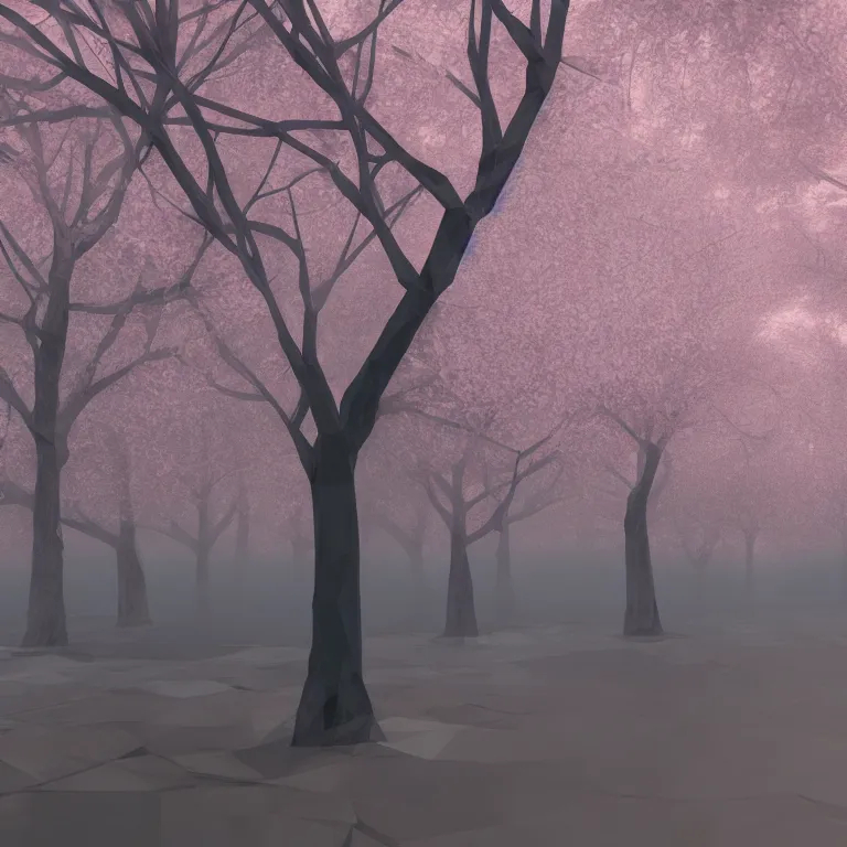 low poly cherry trees in creepy park with river and... | OpenArt