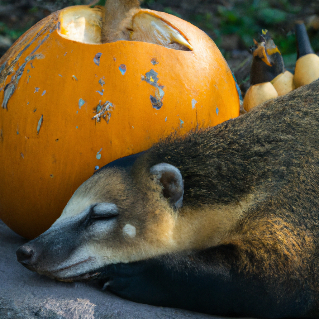 a coati is sleeping next to a pumpkin | OpenArt