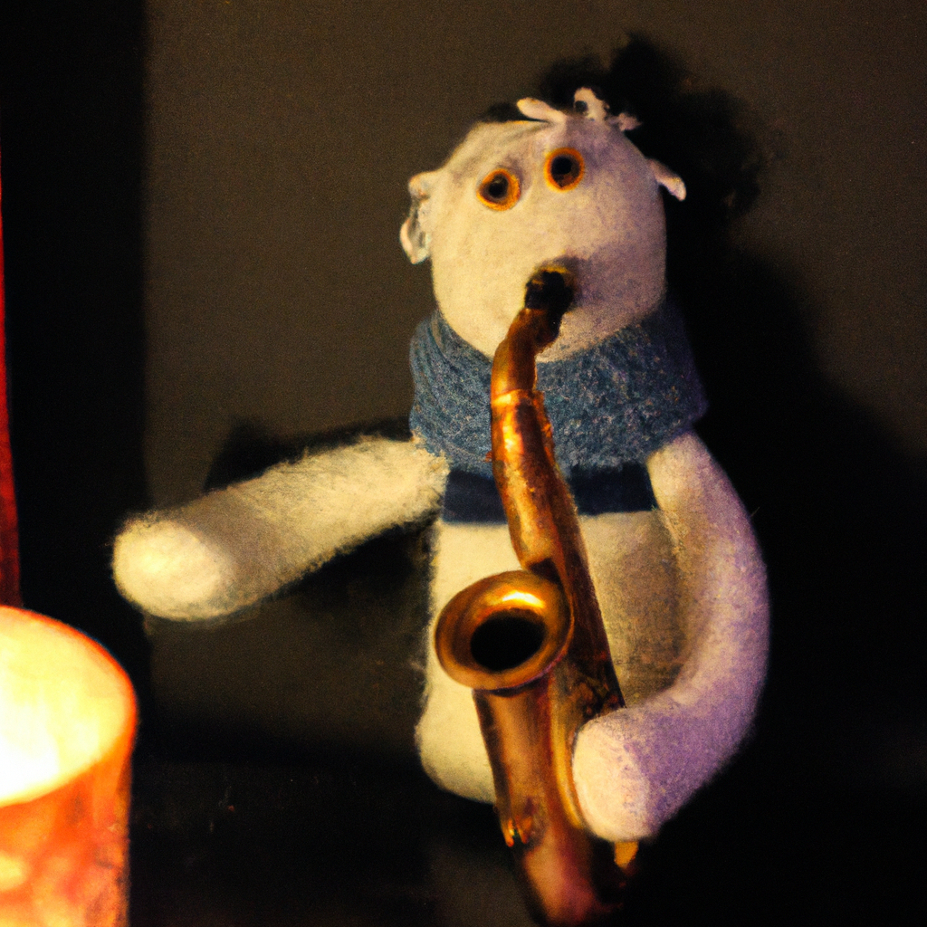 A puppet knitted out of wool playing a saxophone at... | OpenArt