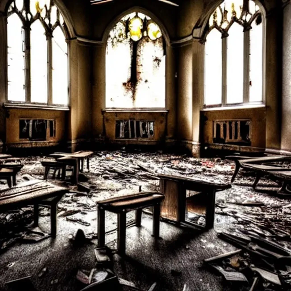 inside abandoned church, broken benches, moody light... | OpenArt
