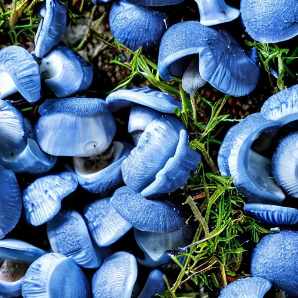 Photo of blue mushrooms in the forest, natural light... | OpenArt