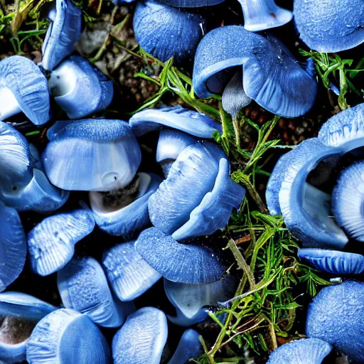 Photo of blue mushrooms in the forest, natural light... | OpenArt