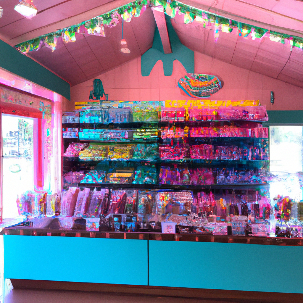 inside of a bright, colorful candy shop in a beauti... | OpenArt