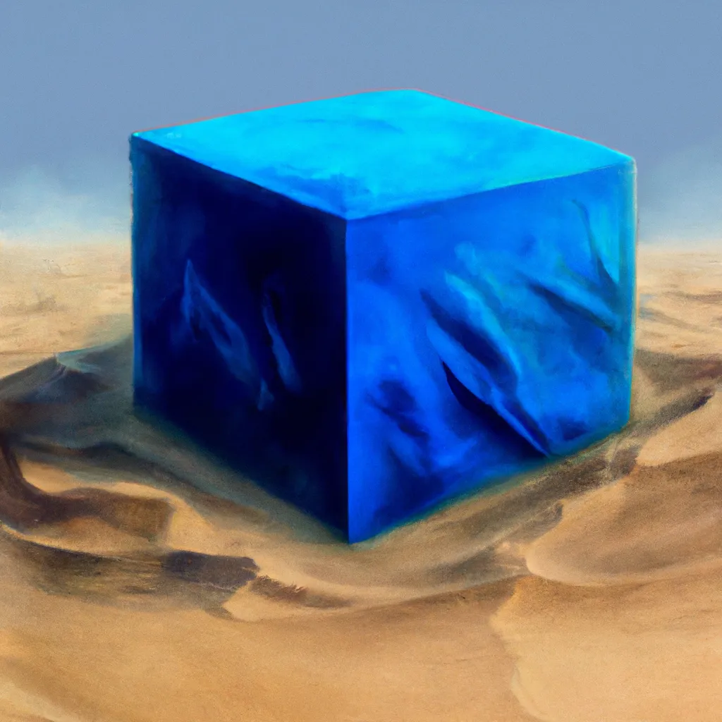 Big blue cube partially buried in the sand, fantasy... | OpenArt