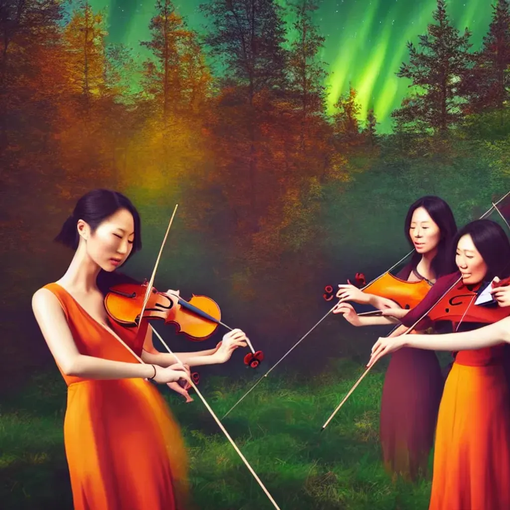 four chinese women playing string quartet in a fores... | OpenArt