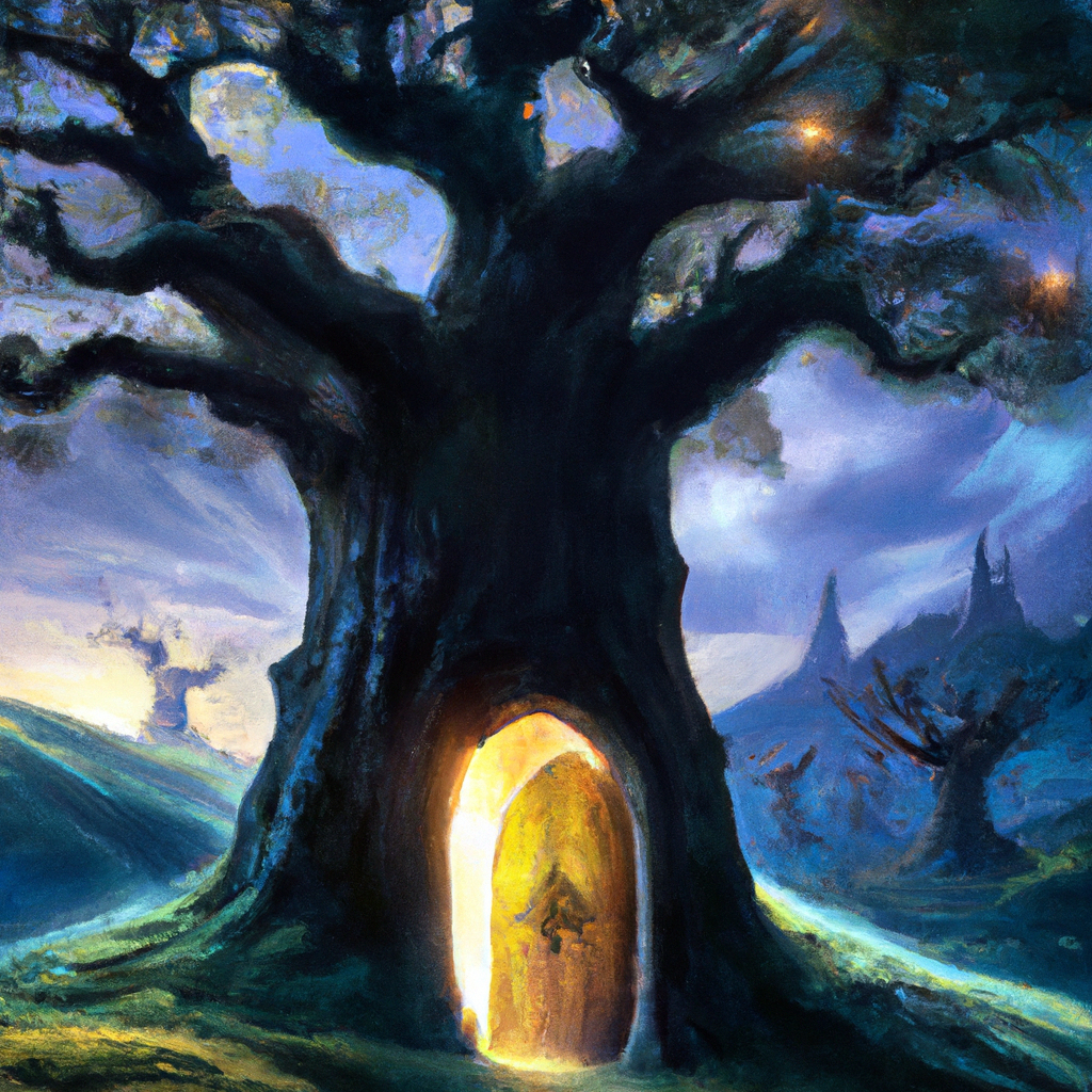 an oak tree with a magical door, a luminescent path... | OpenArt