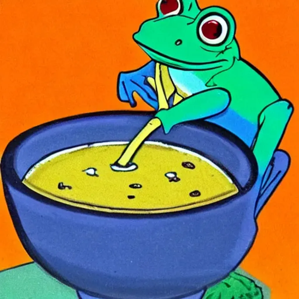 Frog Drinking a bowl of Soup, in the style of saturd... | OpenArt