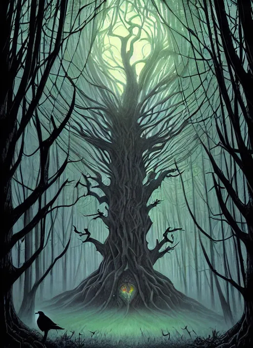 An evil tree in the middle of an enchanted forest wi...