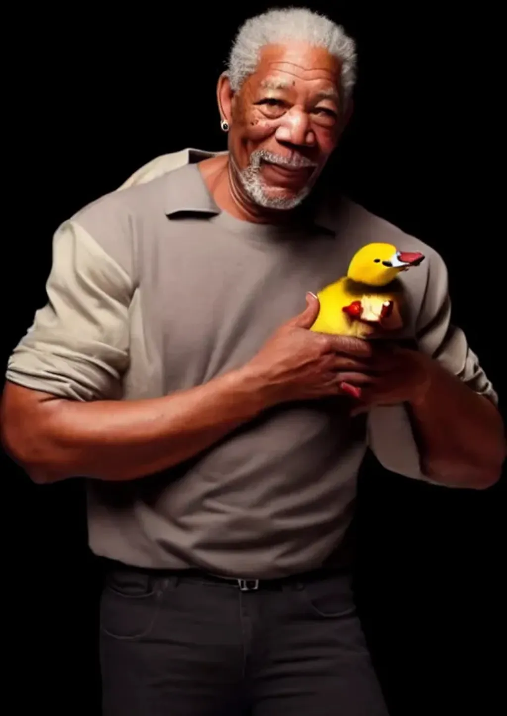 Morgan Freeman holding a duck, yolked, muscle, 4K, 8... | OpenArt