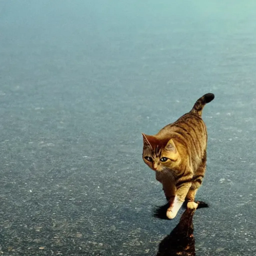 cat walking on clear ocean water with fish in water,... | OpenArt