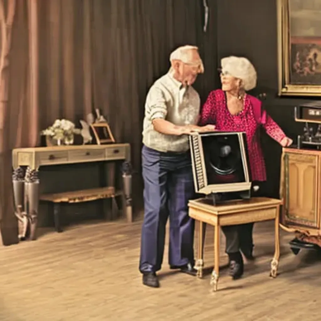 Grandma and grandpa dancing to a record playing on a... | OpenArt