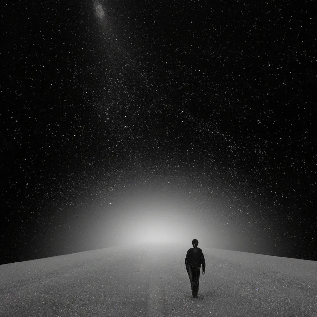 man sadly walking down a dark infinite road toward a... | OpenArt