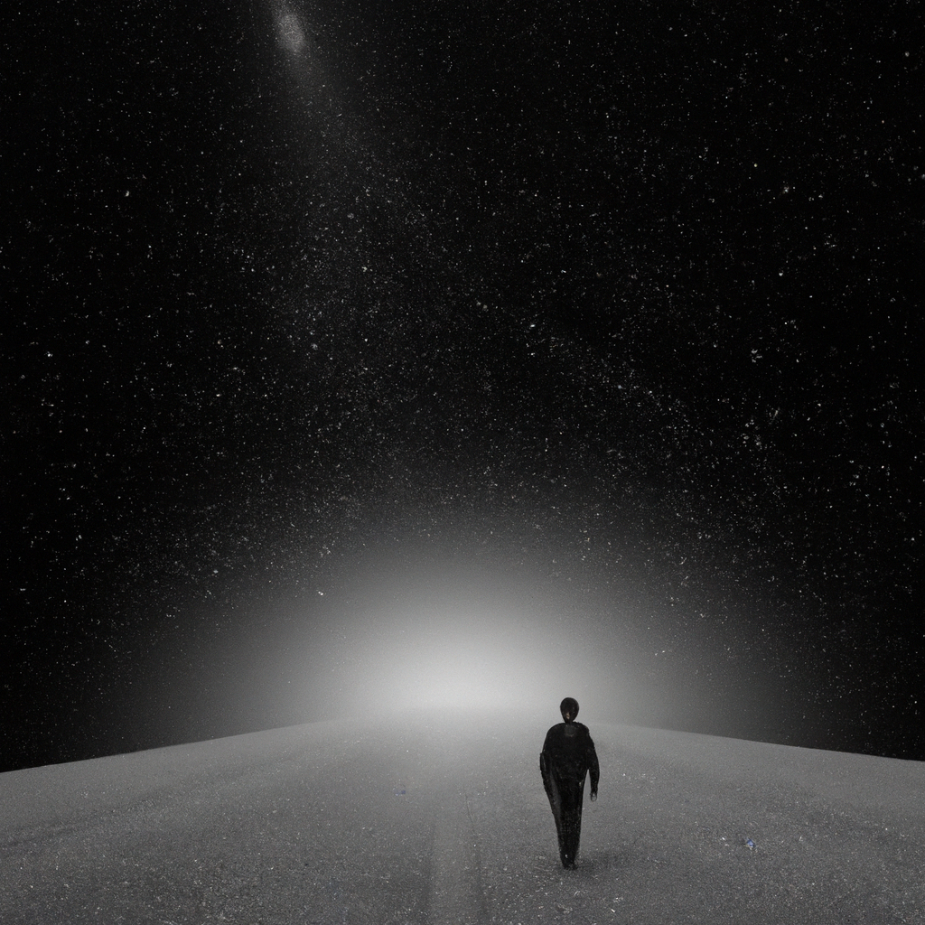 man sadly walking down a dark infinite road toward a... | OpenArt
