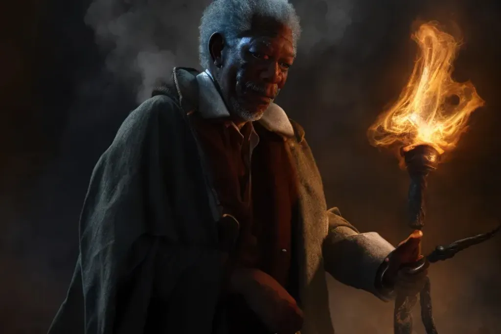 Morgan Freeman as a pyromancer, Mage, Sorcerer, 4K,... | OpenArt