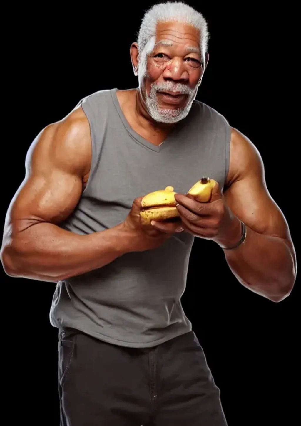 Morgan Freeman eating a banana, yolked, ripped, stro... | OpenArt