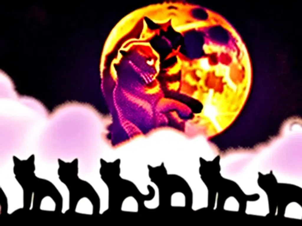 crowd of cats meowing at the red moon high in the sk... | OpenArt