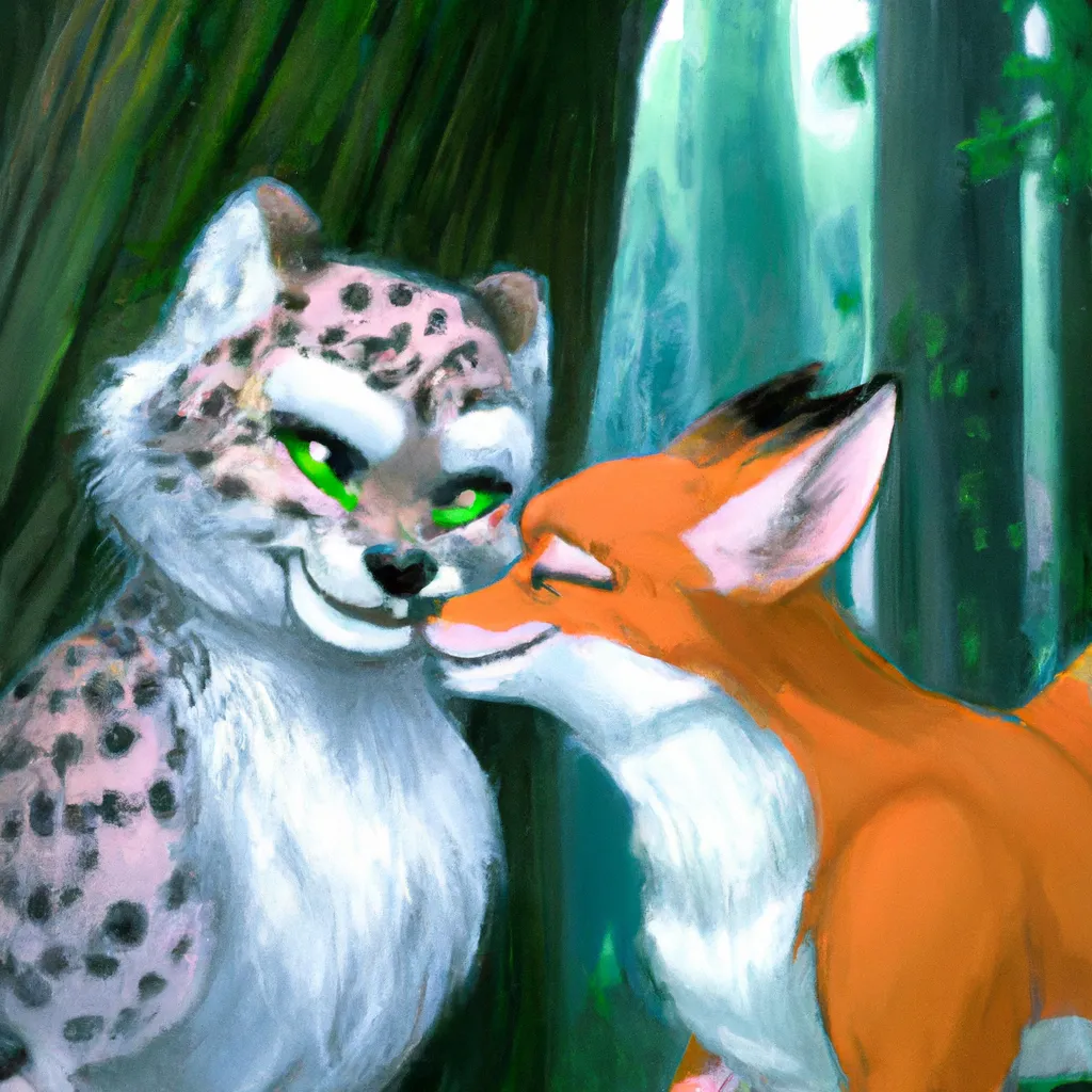 A Fox giving a Snow Leopard a kiss on the cheek, loc... | OpenArt